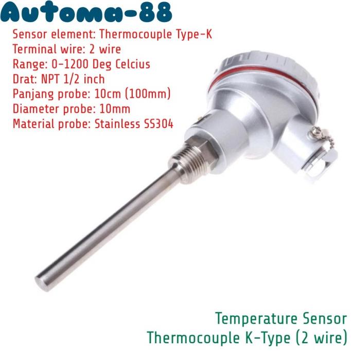 Jual Industrial Thermocouple Type-K 2 kabel wire Drat NPT 1/2 probe10cm ...
