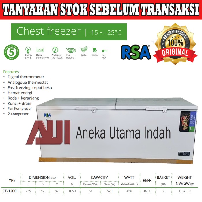 Jual RSA CHEST FREEZER CF-1200 / CF1200 PUTIH 1500 LITER | Shopee Indonesia