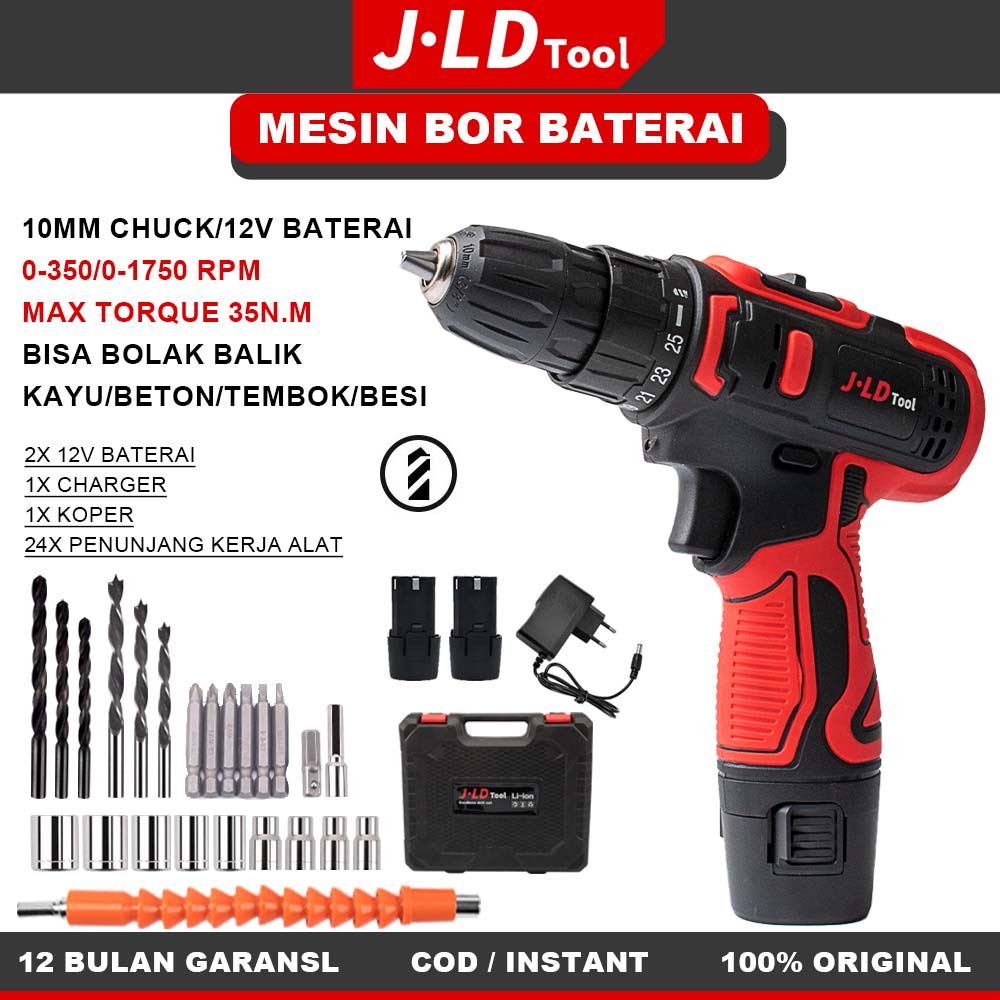 Jual JLD 10MM CORDLESS MESIN BOR BATERAI 12V 2Baterai CORDLESS HAND DRILL with Tool Kit Tool Kits 24 Pcs 10mm bor baterai cas koper Shopee Indonesia