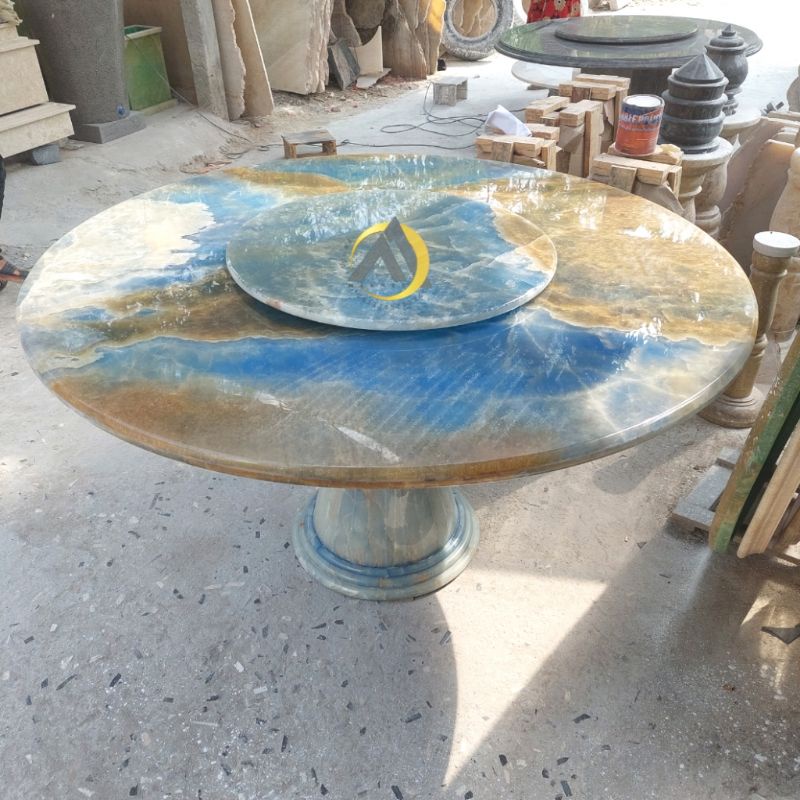 Jual Onix warna biru glossy Meja makan bulat dan putar atasnya batu ...