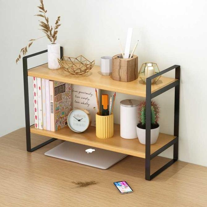 Jual Rak Buku Meja Kayu Minimalis Rakit DIY Book Shelf 2 Layer ...