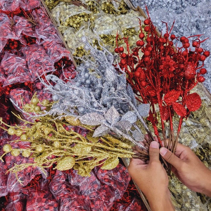 Jual Bunga Artificial Palsu Glitter Dekorasi Aksesoris Natal Sj