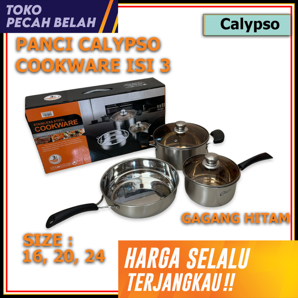 Jual Panci Calypso 3 Set Cookware Full Tutup Kaca C-450 Gagang Hitam ...