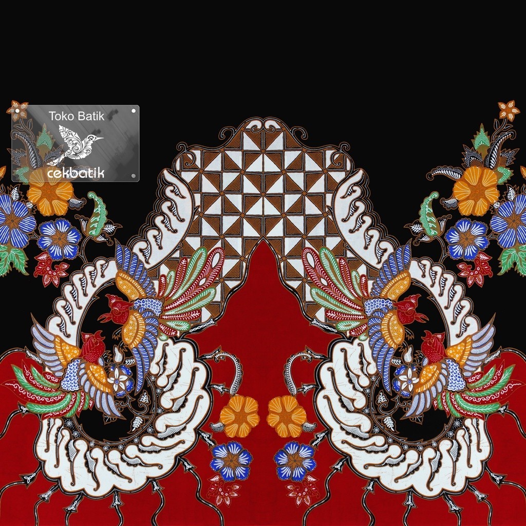 Jual kain batik - Motif Bunga Burung Kembar Oriental Dasar Hitam Pekat ...