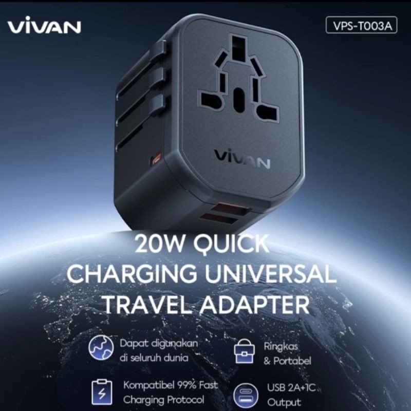 Jual VIVAN Power Travel Adapter Universal 20W VPS-T003A Black USB Type ...