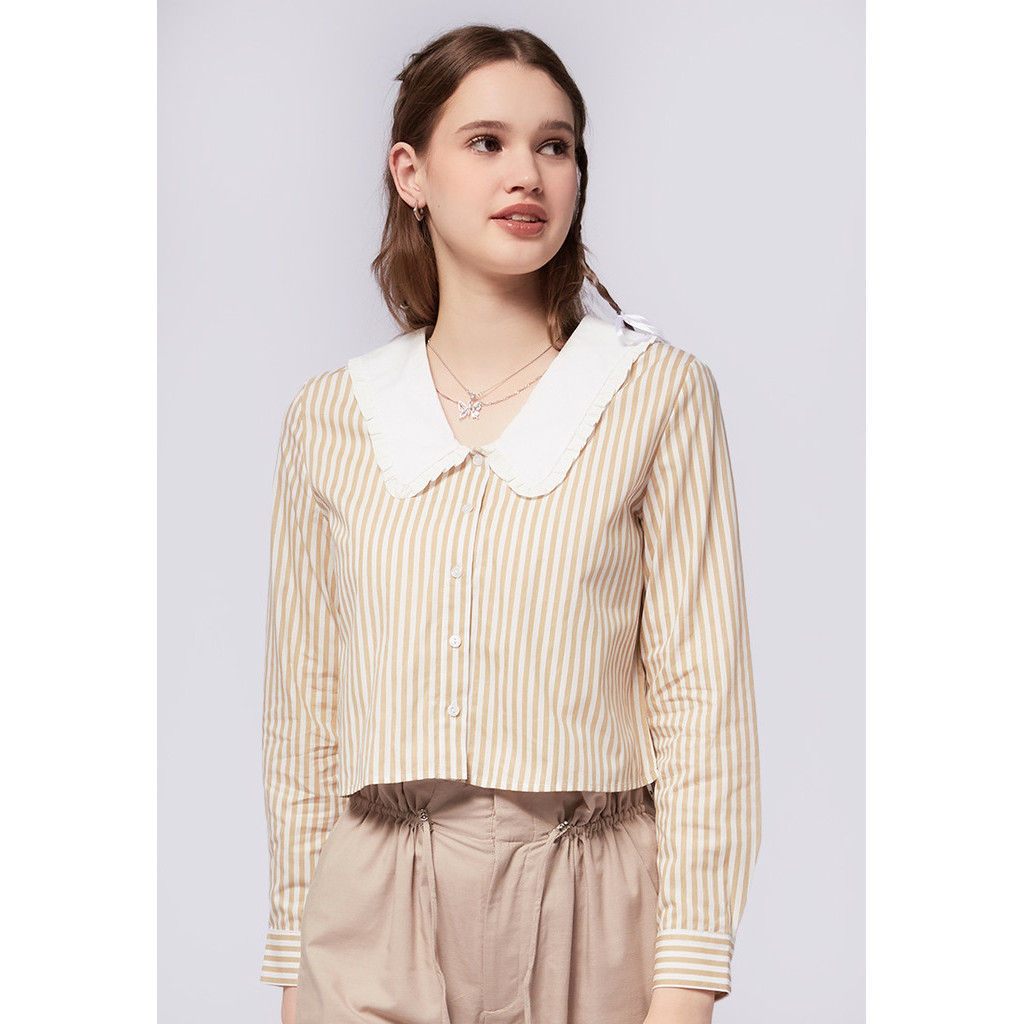 Jual COLORBOX Contrast Collar Striped Blouse Camel | Shopee Indonesia