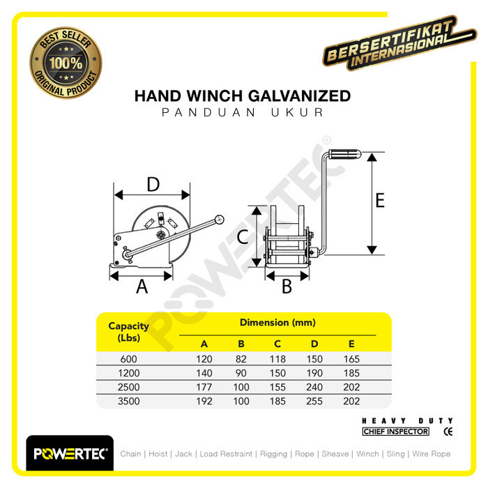 Jual Hand Winch / Katrol Manual 600Lbs / 250Kg X 15 M Galv Powertec ...
