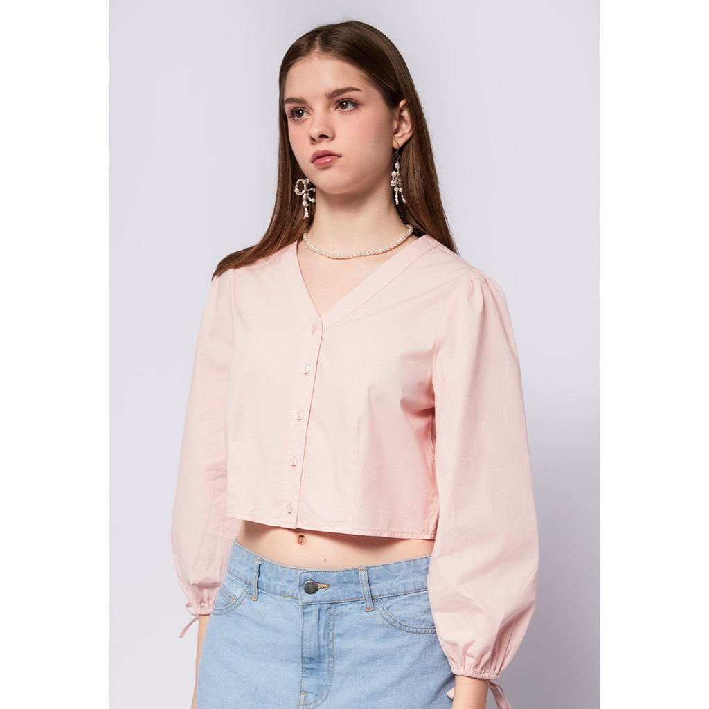 Jual COLORBOX Tie Cuff Long Sleeve Blouse Lt. Pink | Shopee Indonesia