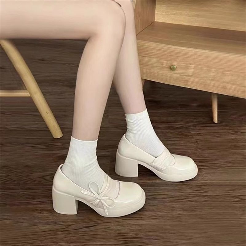Jual French Soft Leather Mary Jane Leather Shoes Bow White Coarse High ...