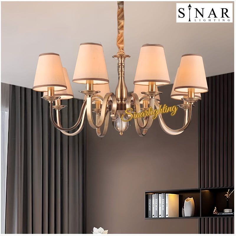 Jual Lampu gantung chandelier 5 dan 8 cabang kap gold brass D6068 ...