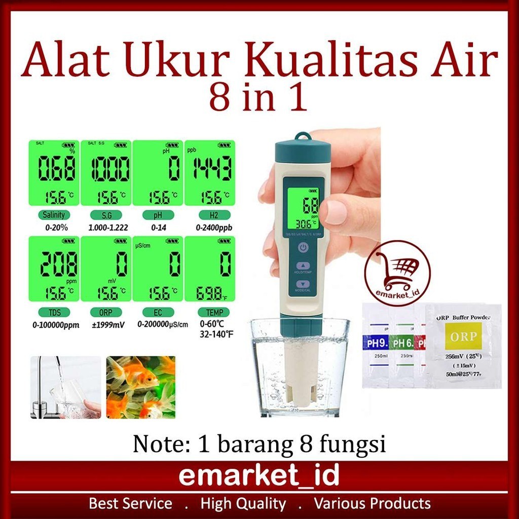 Jual Alat Ukur Kualitas Air 8in1 AH05 / PH TDS EC Salinity ORP H2 SG Temp Meter Digital / Water ...