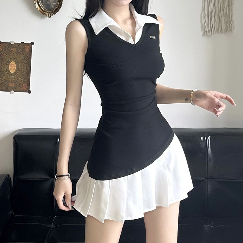 Jual RapcopterPreppy Style Stitching Contrast Colors False-Two-Piece ...