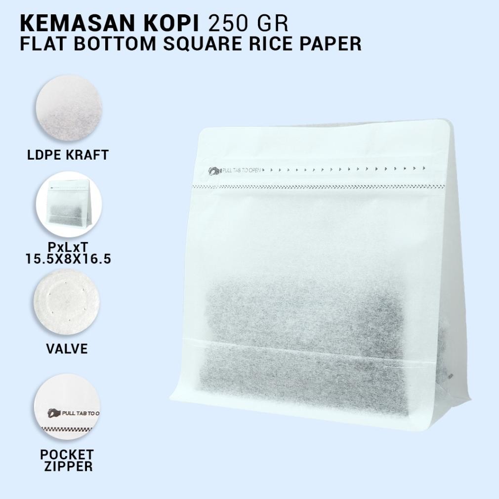 Jual Stok Banyak Kemasan Kopi 200 - 250 Gram Ziplock Rice Paper Putih Flat Bottom Square Wide ...