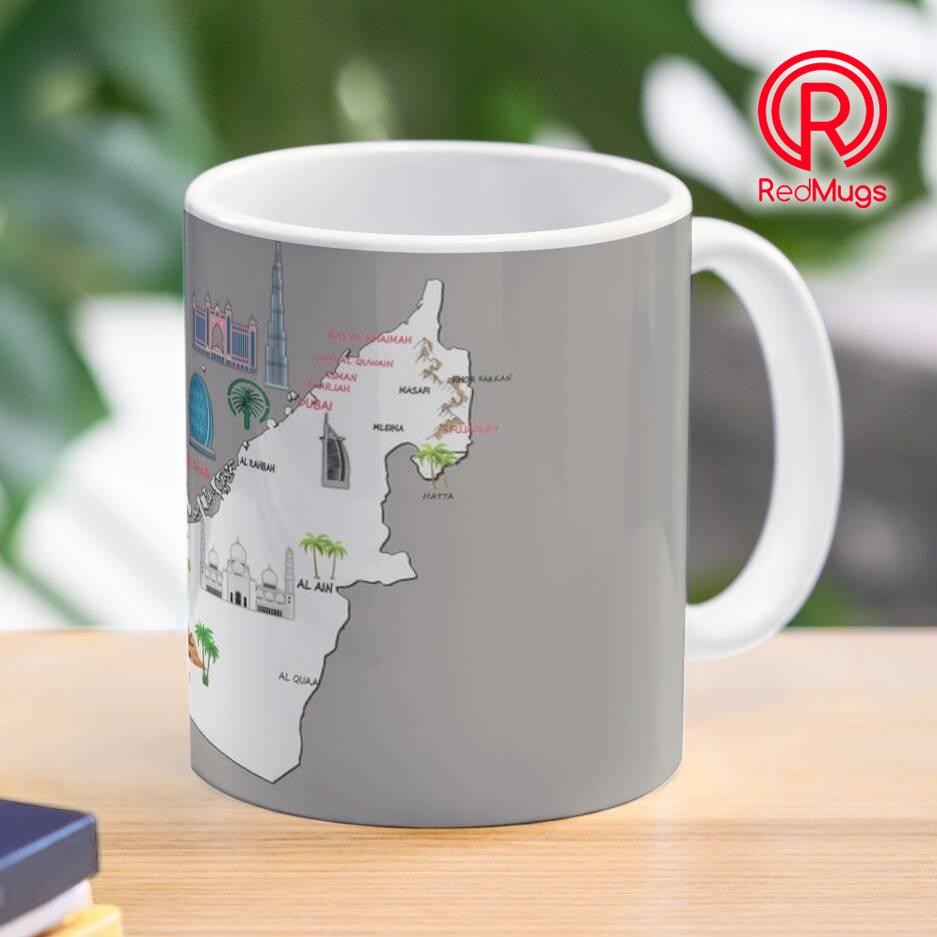 Jual Mug Custom UAE Landmarks Map major cities names UAE national ...