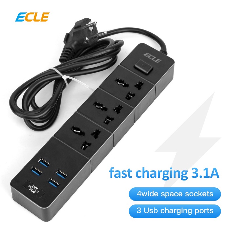 Jual Produk (New) ECLE Power Strip Stop Kontak 3 Power Socket 4 USB Port Colokan Listrik Fasting ...