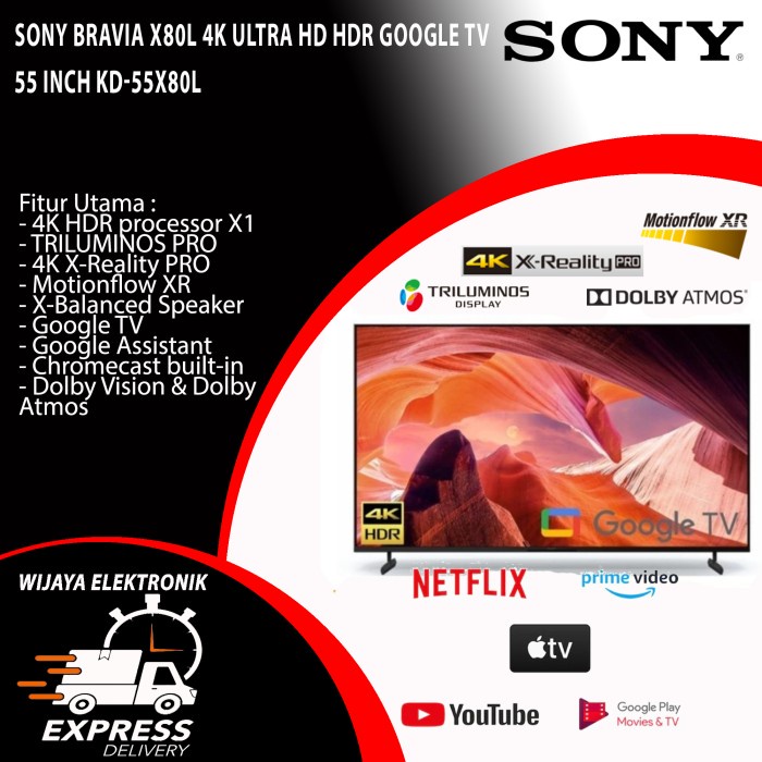 Jual Tv Sony Bravia 55X80L / X80L 4K Ultra Hd Hdr Smart Google Tv 55 Inch | Shopee Indonesia