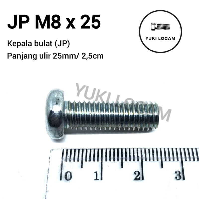 Jual Baut JP M8x25 panjang 2,5 cm kepala bulat dan kepala rata | Shopee Indonesia