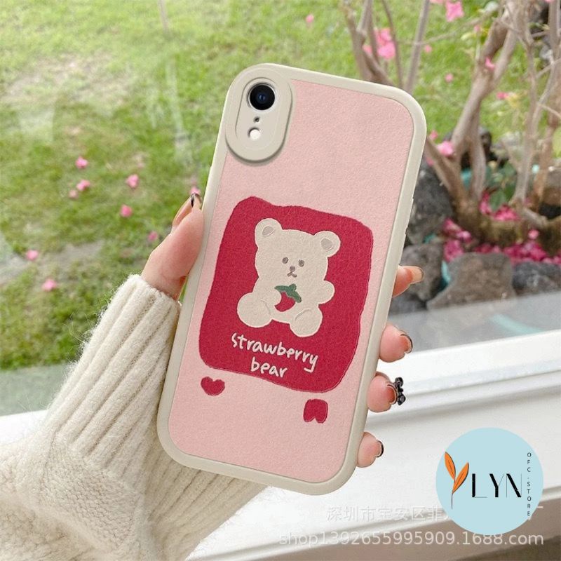 Jual SOFTCASE OVAL CREAM WITH WHITE BEAR AND STRAWBERRY PINK CASING HP ...
