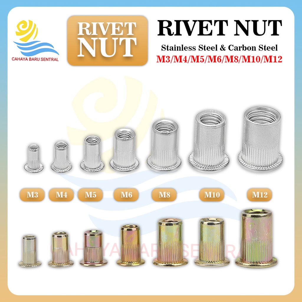 Jual (50PCS) Mur Rivet Nut Rivnut Kuning Besi Carbon Steel Nutsert Tanam insert M3 M4 M5 M8 M10 ...