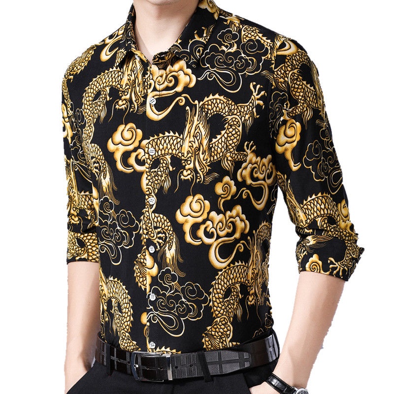 Jual Kemeja Motif Naga Pria, Baju Lengan Pendek Pria Motif Naga Baru ...