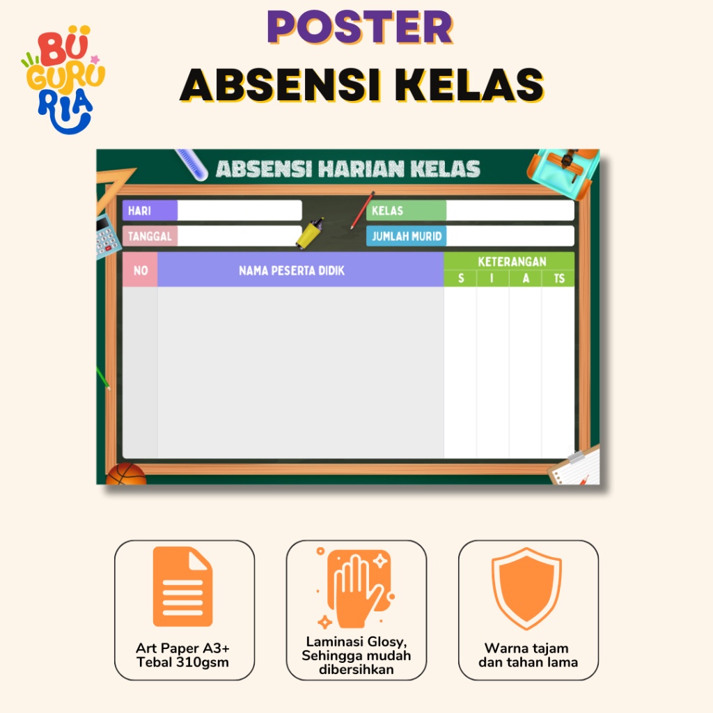Jual Bu Guru Ria - Poster Absensi Kelas Dinding Dapat Dihapus Dan ...