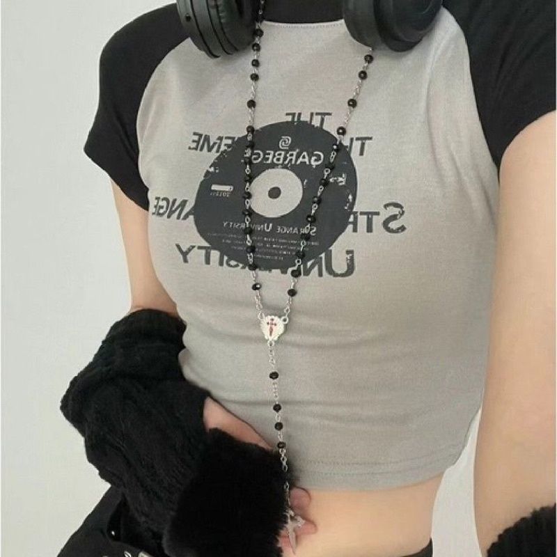 Jual Crop top vinyl y2k acubi outfit korean streetwear raglan goth ...
