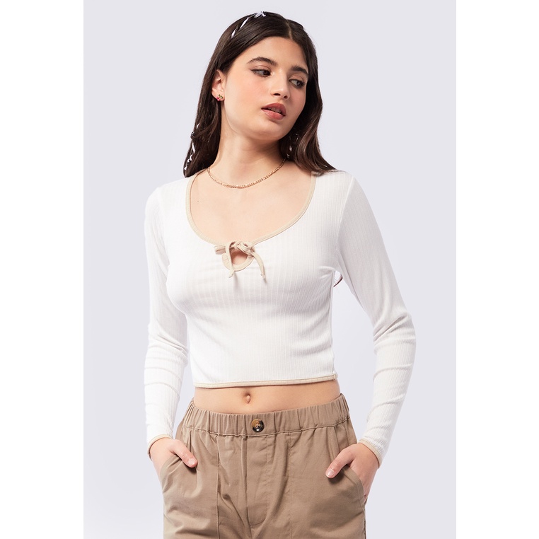 Jual COLORBOX Front Tie Long Sleeve Ribbed Top Off White | Shopee Indonesia
