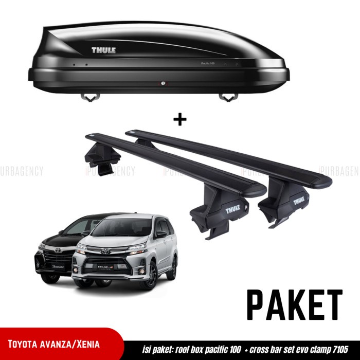Jual Paket Roof Box Thule Pacific 100 + Cross Bar Clamp Evo 7105 Avanza ...