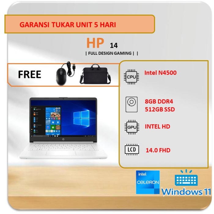 Jual LAPTOP TERMURAH HP 14 N4500 8GB 256SSD W11 FREE OHS | Shopee Indonesia