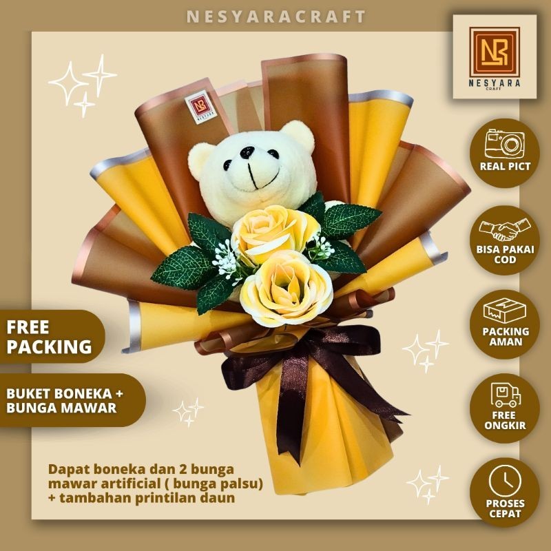 Jual Buket boneka beruang bunga mawar artificial (Tinggi 35cm an ...