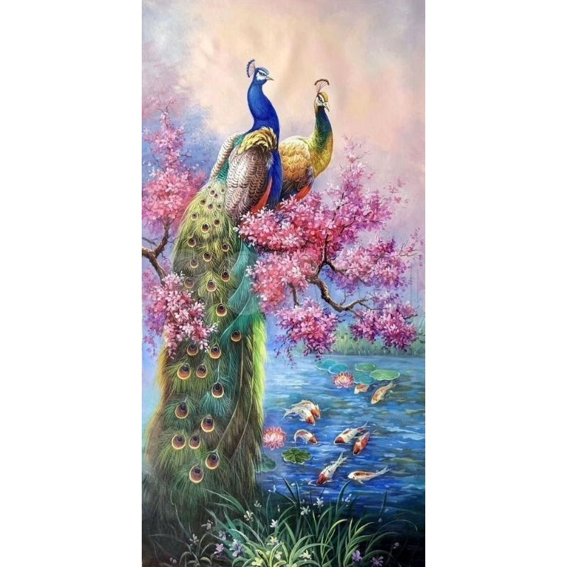 Jual hiasan dinding lukisan cetak sepasang burung merak plus figura ...
