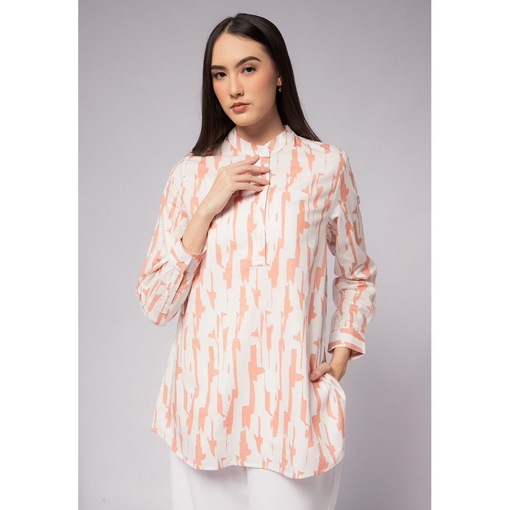 Jual Executive Printed Tunic with Band Collar Soft Orange | Shopee ...