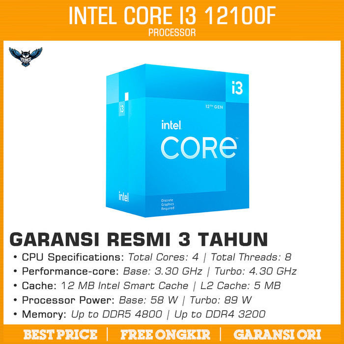 Jual Intel Core I3 12100F Box 4.3Ghz 4C 8T Gen 12Th Lga1700 Alder Lake ...