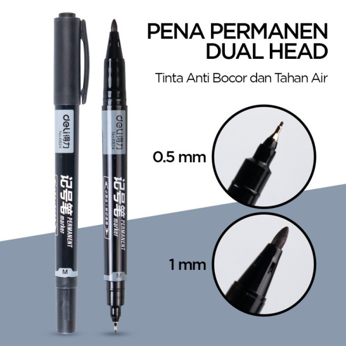 Jual fmfit Deli pena Spidol Hitam Permanen Dual Tip black Marker 0.5 1 ...