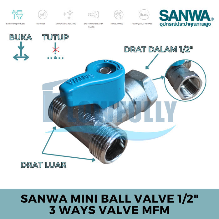 Jual MINI BALL VALVE 3 WAY MFM 1/2 INCH SANWA KUNINGAN STOP KRAN 2 CABANG | Shopee Indonesia