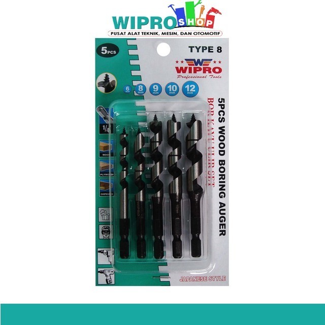 Jual Wipro Bor Kayu Auger Bit No.8 Set (5pcs) 6, 8, 9, 10, 12mm (Mini ...