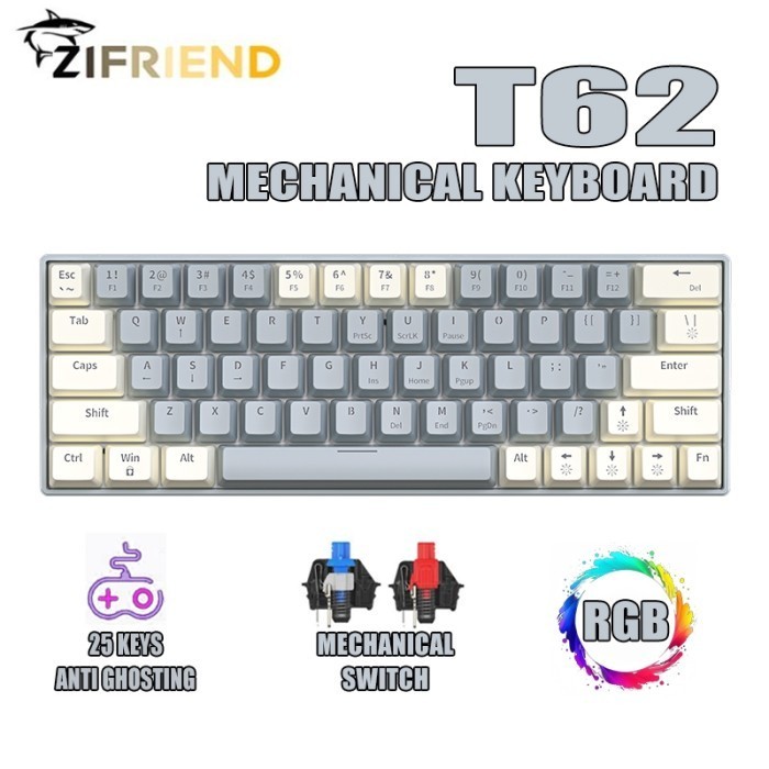 Jual ZIFRIEND T62 Mechanical Keyboard 63Keys 60% Layout Blue Red Switch RGB | Shopee Indonesia
