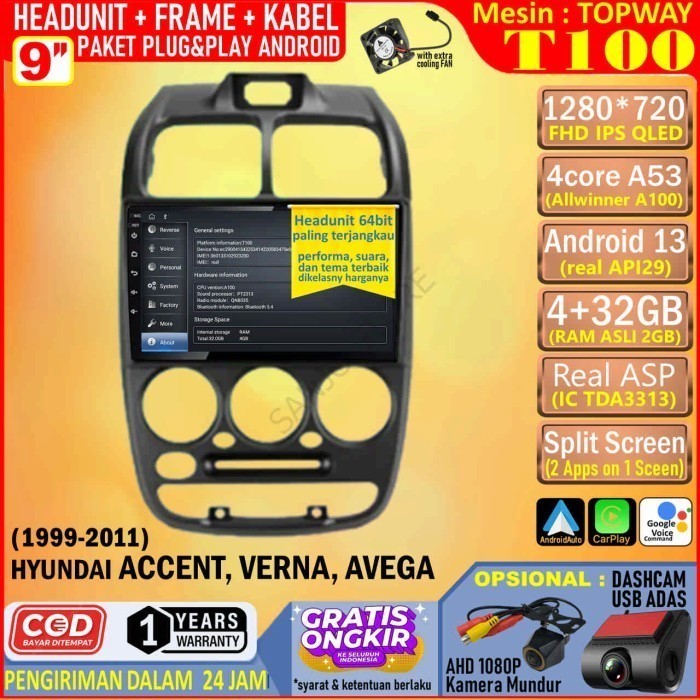 Jual Paket Headunit Android 9 inch + Frame + Soket PNP Hyundai Accent ...
