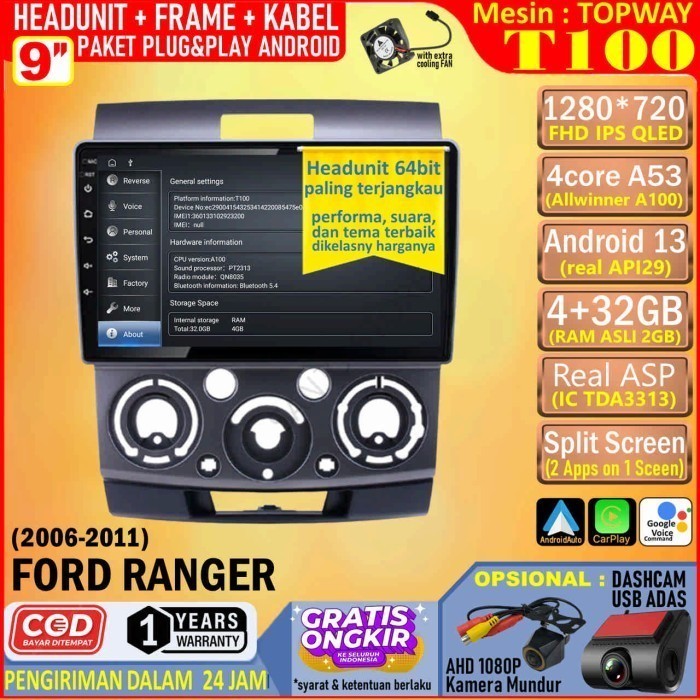 Jual Paket Headunit Android 9 inch + Frame + Soket PNP Ford Ranger Gen ...