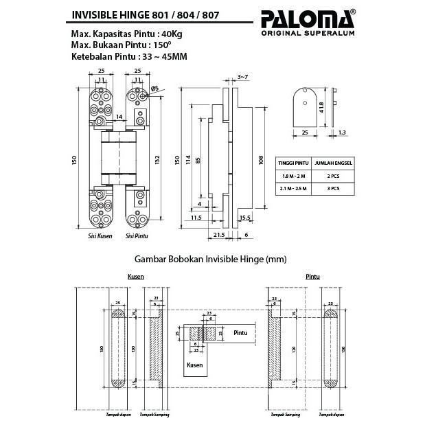 Jual ENGSEL HINGE PALOMA CONCEALED P40 BLACK #ENGSEL TANAM PINTU / IHP ...