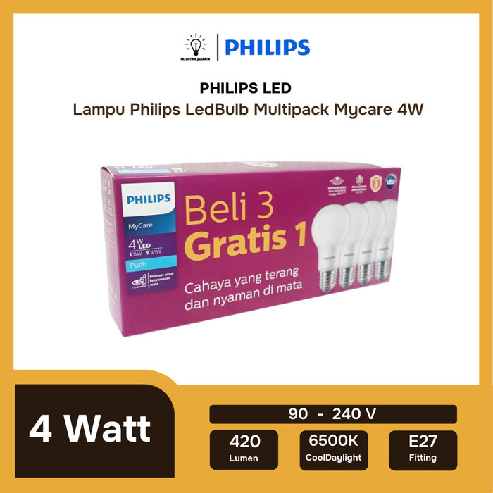 Jual Lampu Philips LED [PACK] Bulb 4-45W E27 6500K 230V A60-MyCare (Putih) | Shopee Indonesia