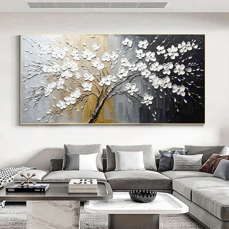 Jual Lukisan Bunga Sakura Warna Putih Teksture Tebal Modern art Estetik ...