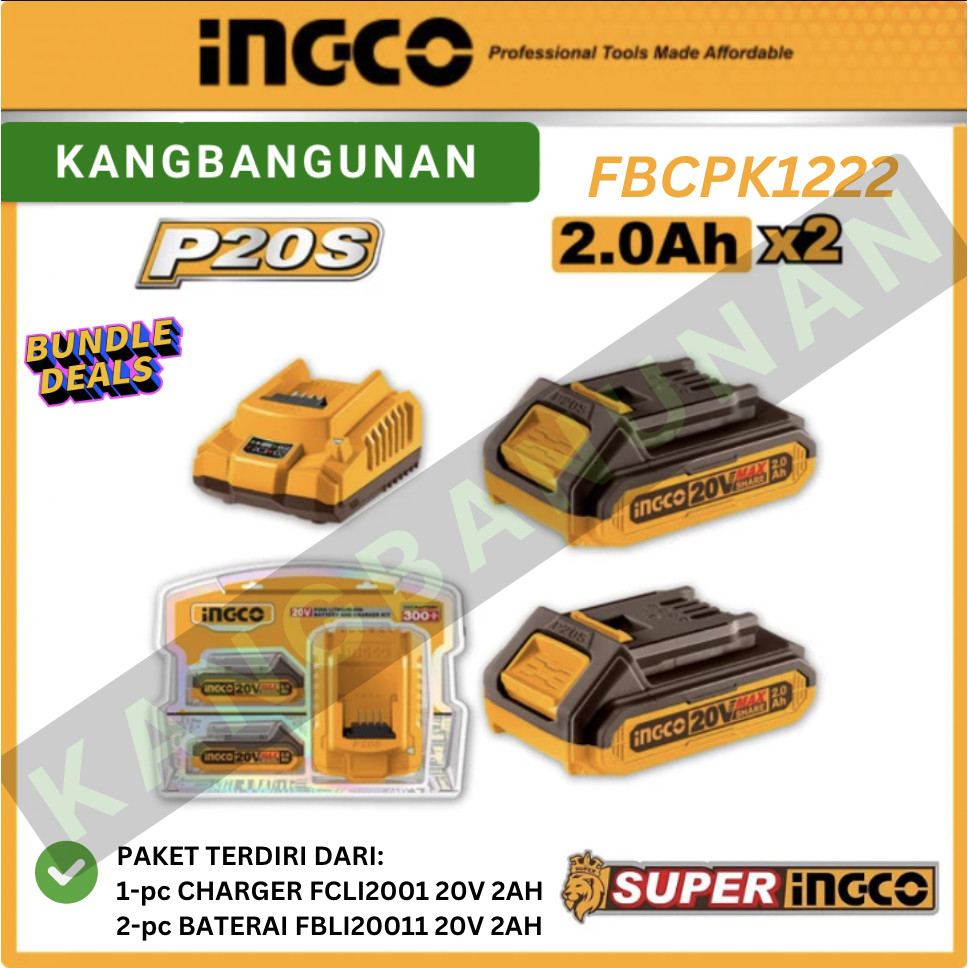 Jual INGCO FBCPK1222 PROMO PAKET BUNDLING 2 BATERAI 1 CHARGER 20V 2AH ...