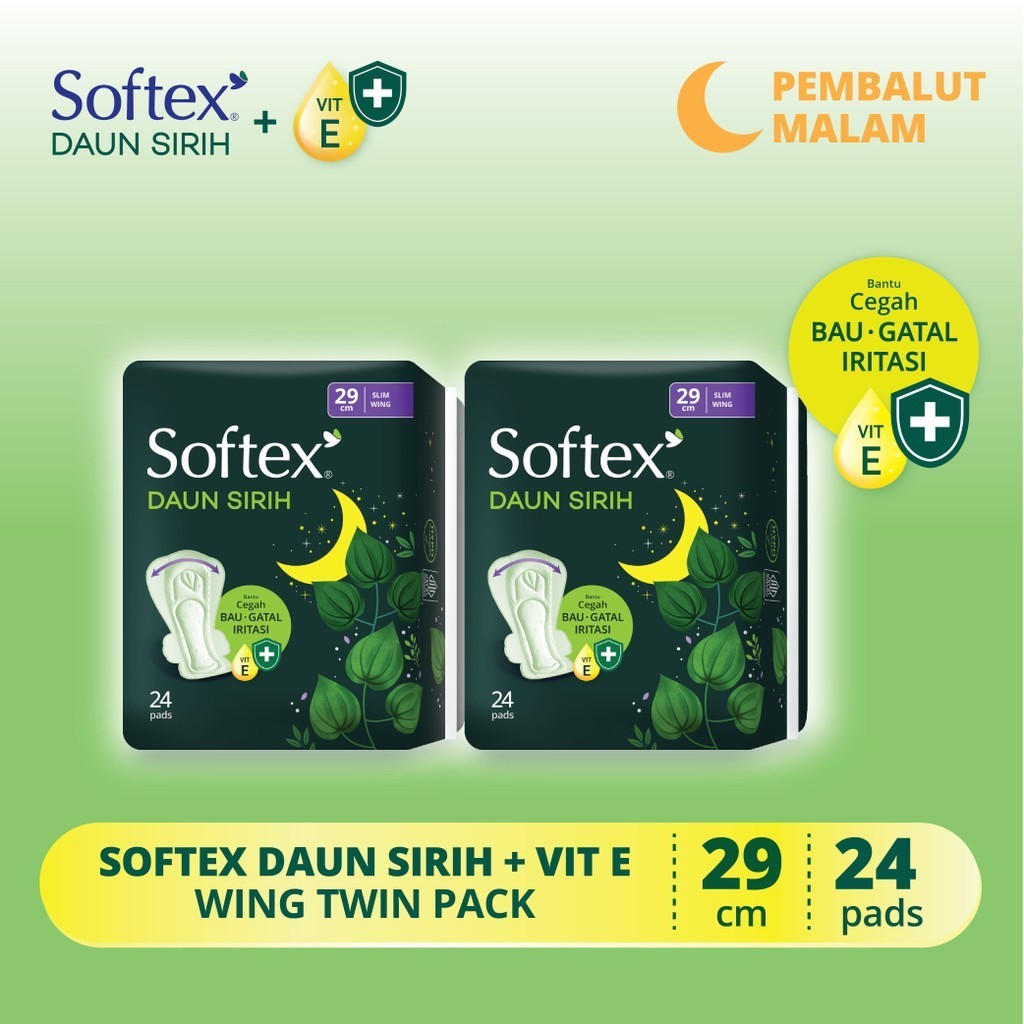 Jual Softex Daun Sirih + Vitamin E 29cm Jumbo Pack 24s x 2 Pack - Pembalut Daun Sirih Malam ...