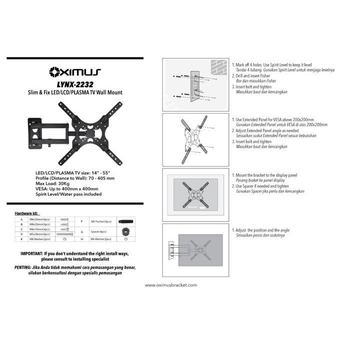 Jual Bracket Tv Led Monitor Oximus Lynx 2232 14" - 55" 100X100Mm ...