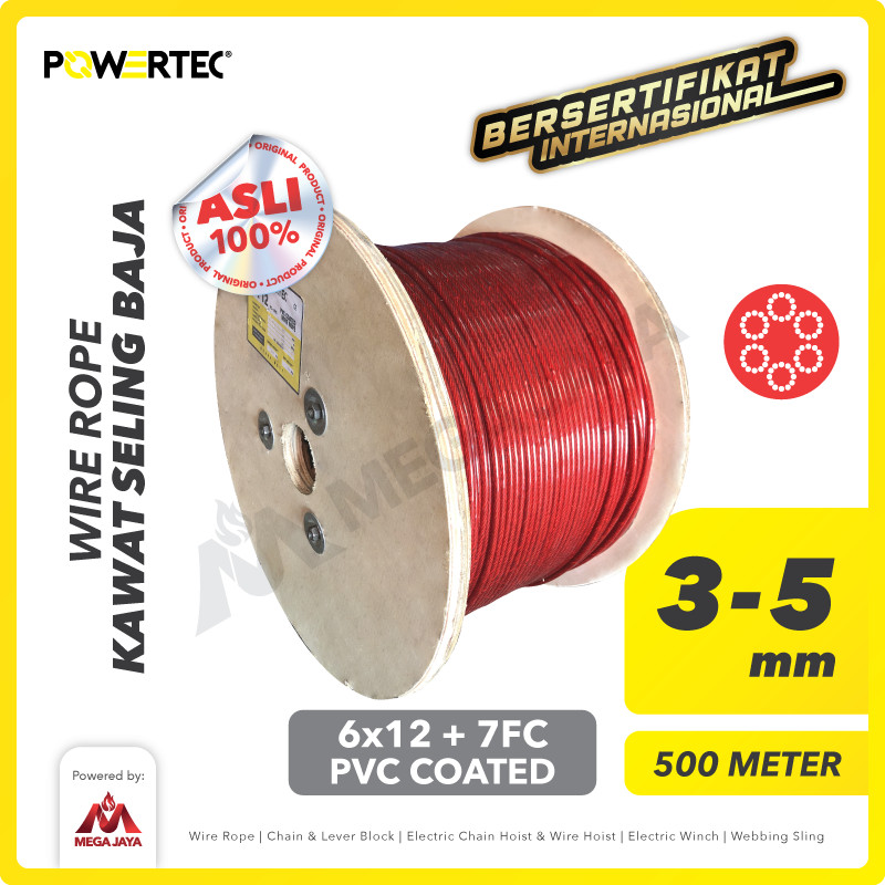 Jual POWERTEC Wire Rope / Kawat Seling Baja 6x12 7FC PVC 3-5mm Merah - 500m | Shopee Indonesia