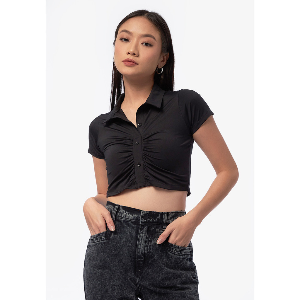 Jual COLORBOX Short Sleeve Ruched Top Black | Shopee Indonesia