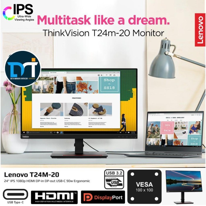 Jual Lenovo Thinkvision T24M-20 24" FHD IPS 60Hz HDMI DP USB C Ergo ...