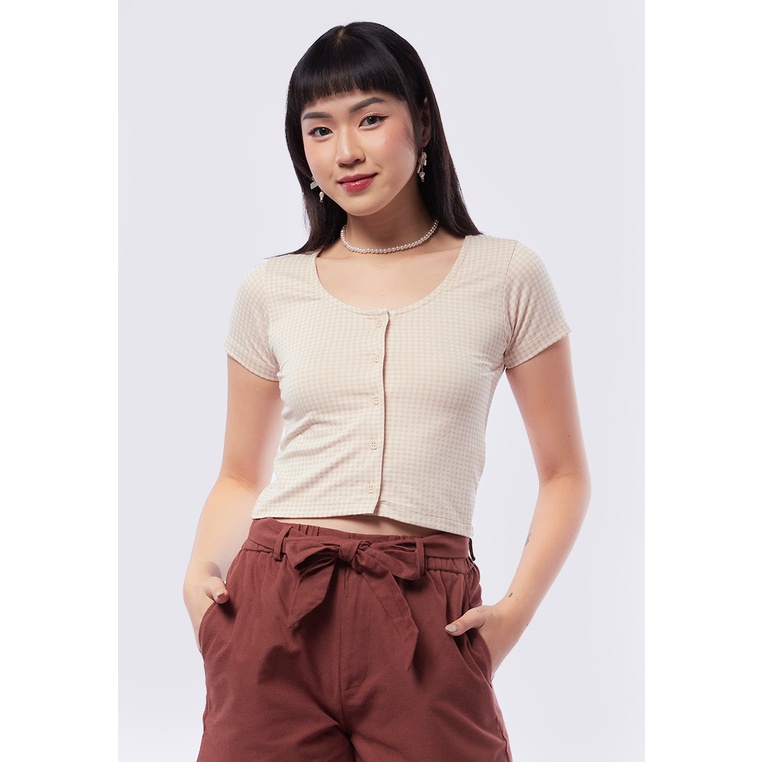 Jual COLORBOX Checkered Short Sleeve Crop Top Beige | Shopee Indonesia