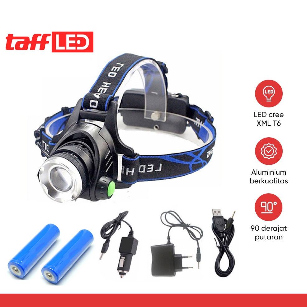 Jual TaffLED Senter Kepala High Power Headlamp LED Cree XML T6 + 2 Baterai 18650 + Charger ...